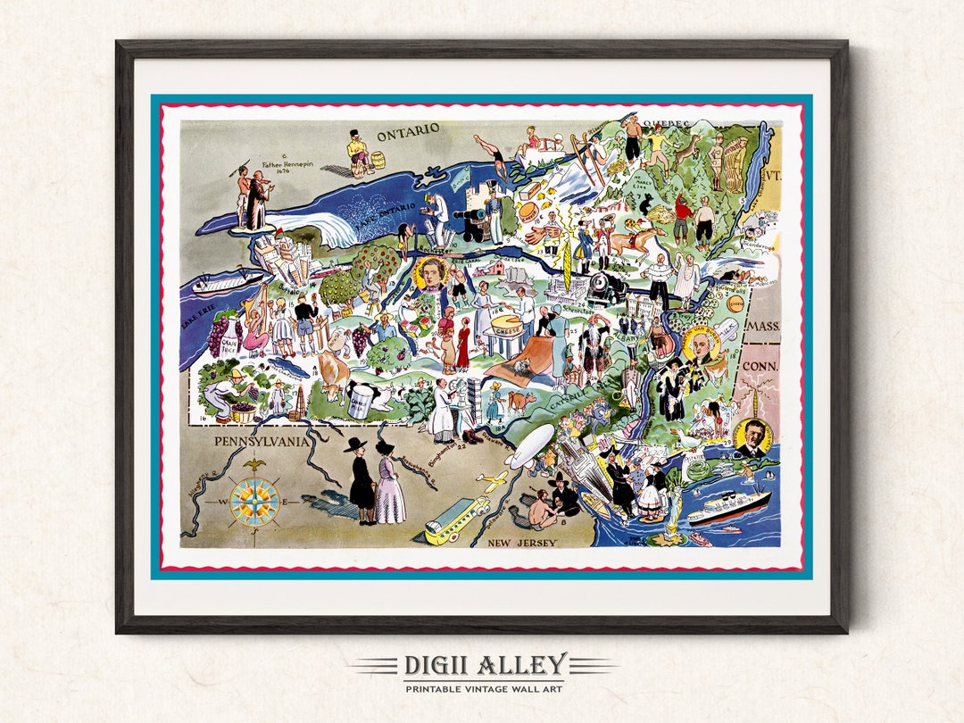 Fun State Map of New York – Digital Download PRINTABLE Vintage ...