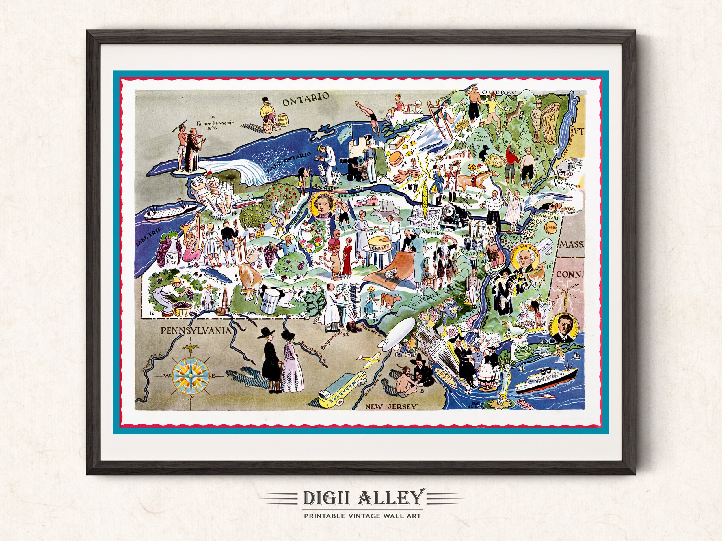 Fun State Map of New York – Digital Download PRINTABLE Vintage ...