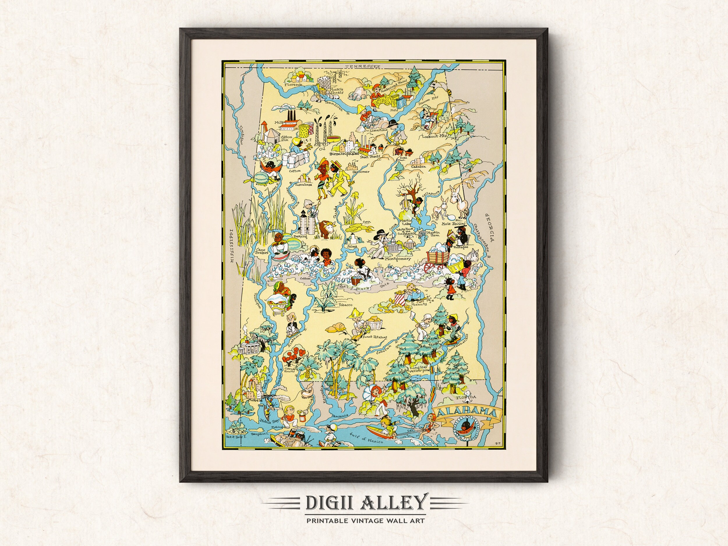 Fun State Map of Alabama Digital Download PRINTABLE Vintage Pictorial ...