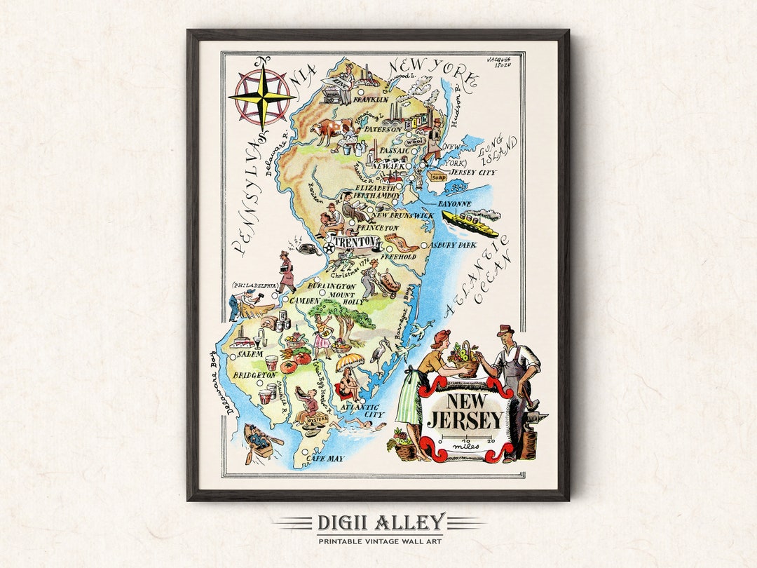 Fun State Map of New Jersey – Digital Download PRINTABLE Vintage ...