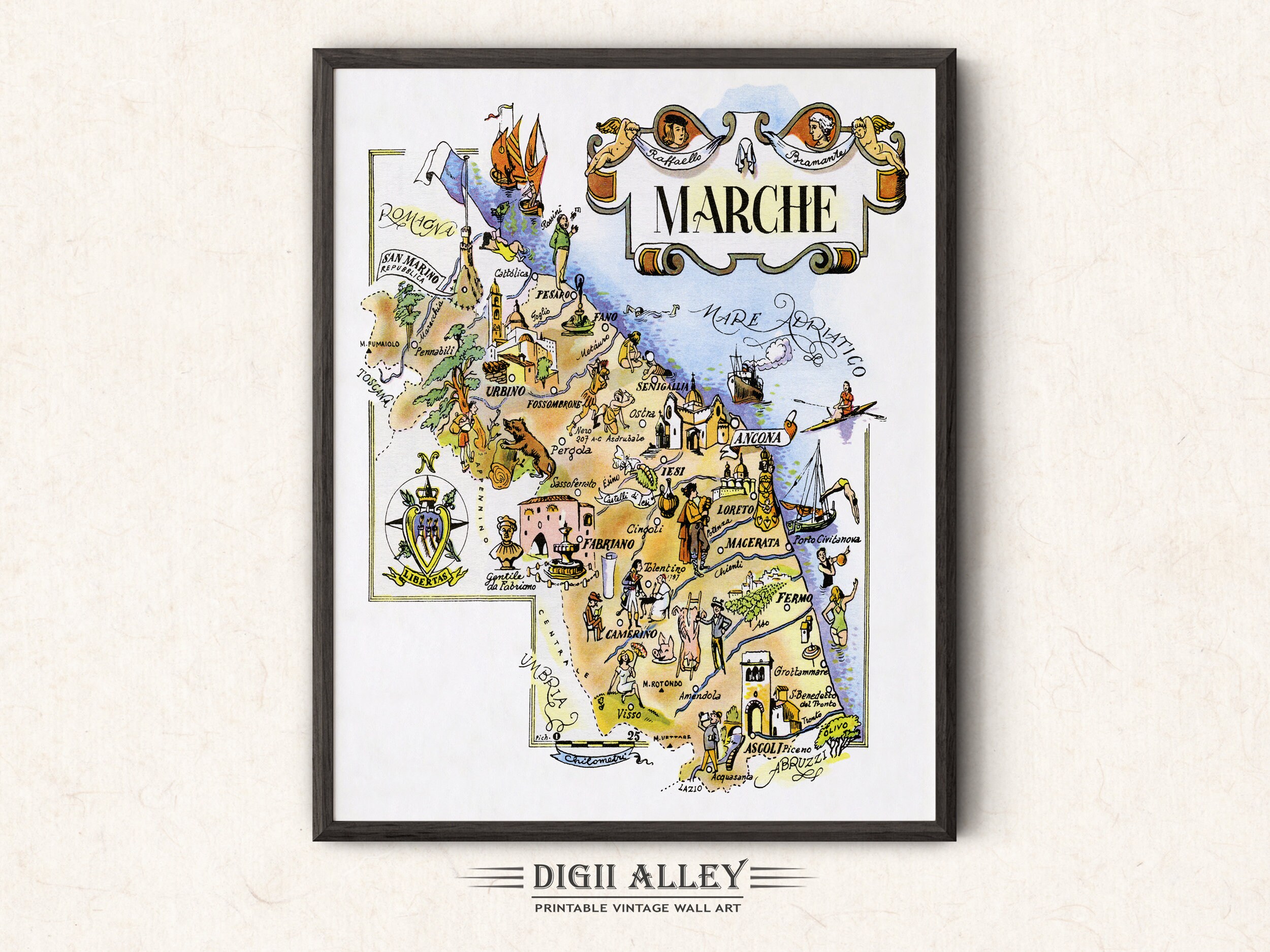 Fun Map of Italy Marche Digital Download PRINTABLE Vintage Pictorial ...