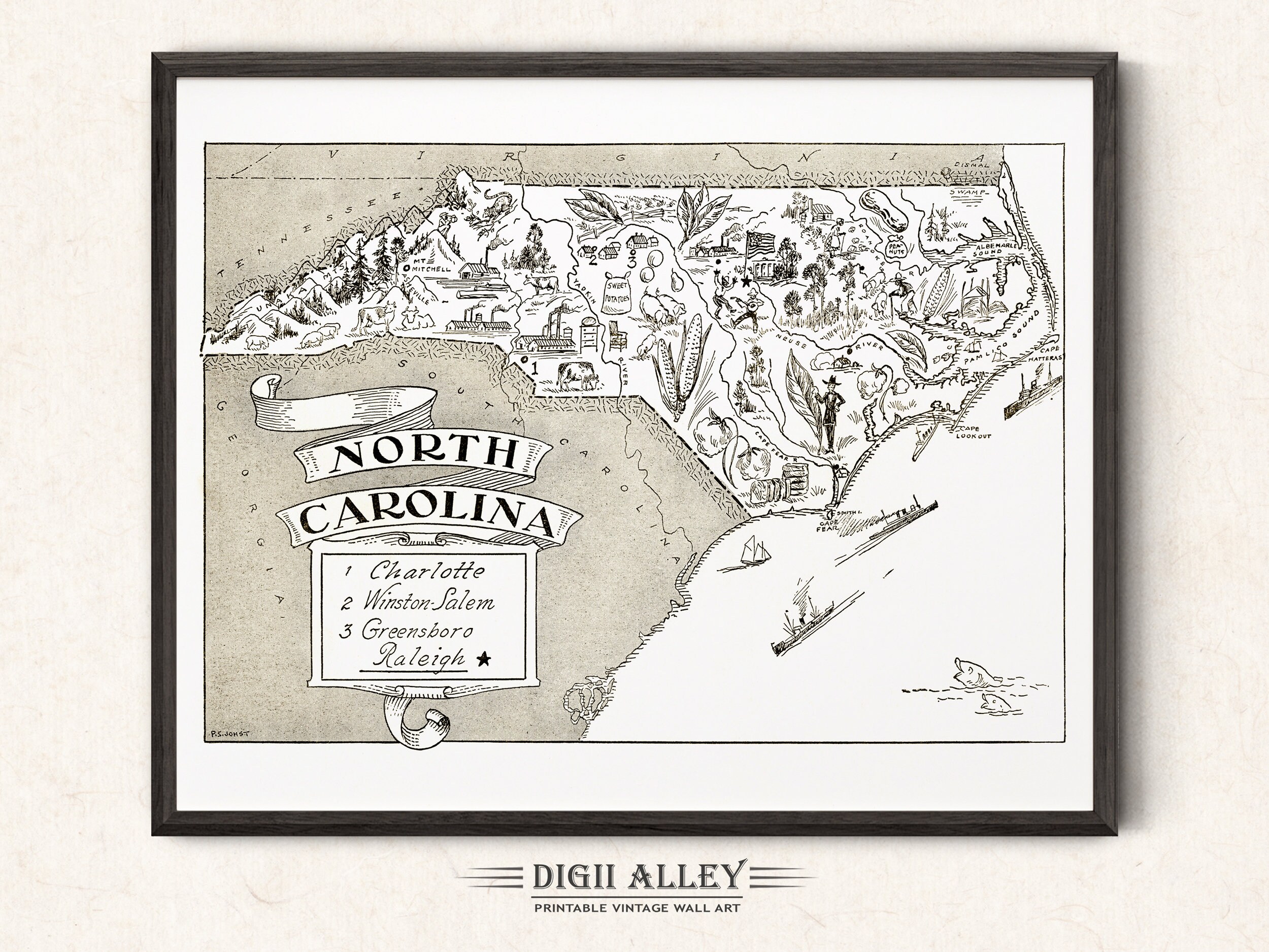 Pictorial State Map of North Carolina – Digital Download PRINTABLE ...