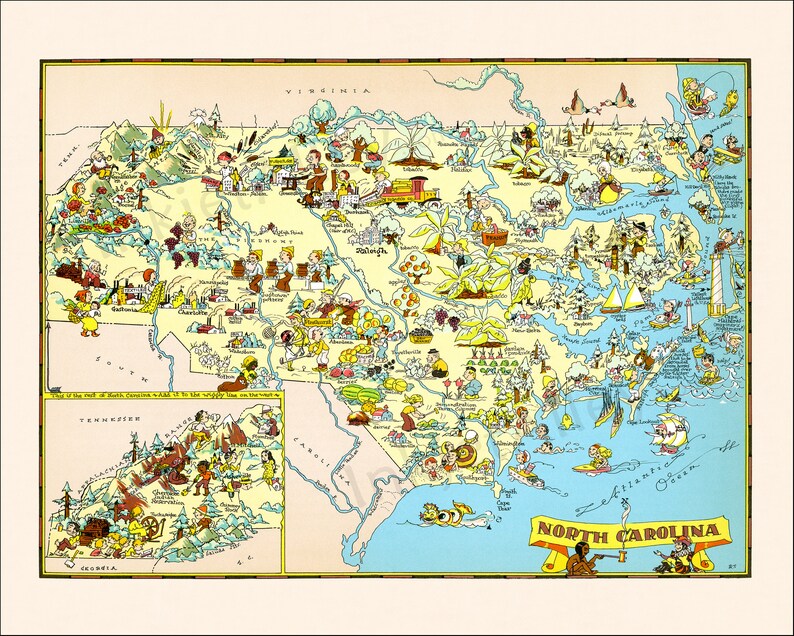 Fun State Map of North Carolina – Digital Download PRINTABLE Vintage ...