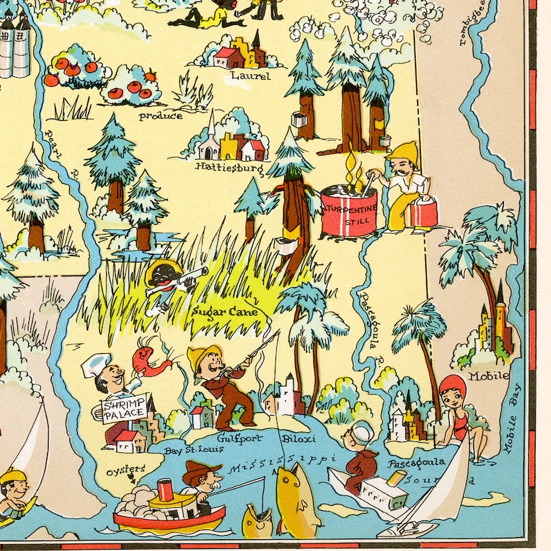 Fun State Map of Mississippi – Digital Download PRINTABLE Vintage Pictorial Old Illustration ...