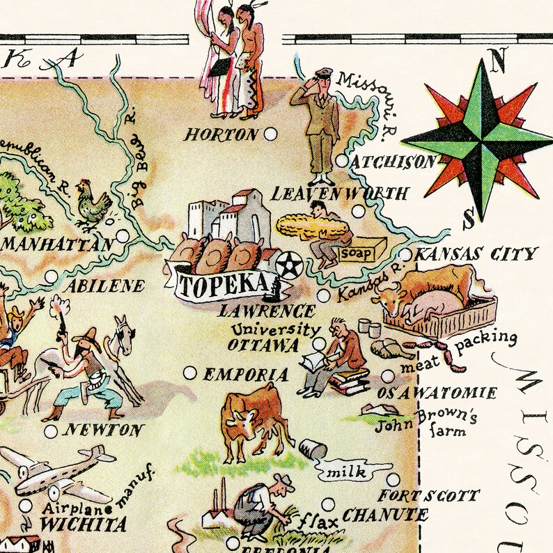 Fun State Map of Kansas Digital Download PRINTABLE Vintage Pictorial ...