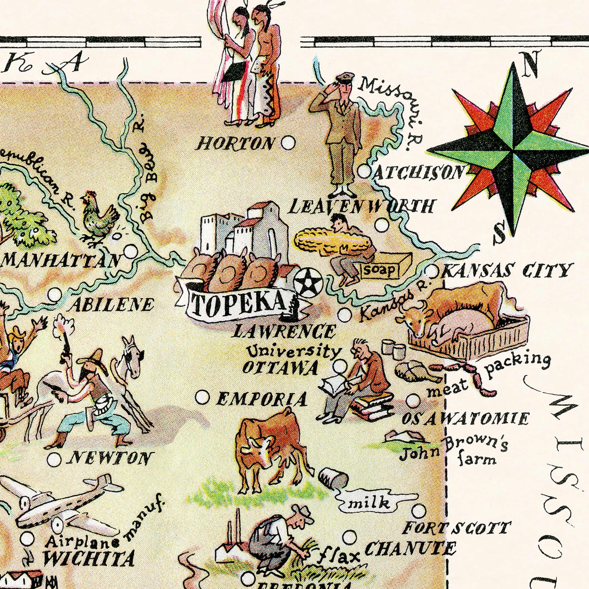 Fun State Map of Kansas – Digital Download PRINTABLE Vintage Pictorial ...