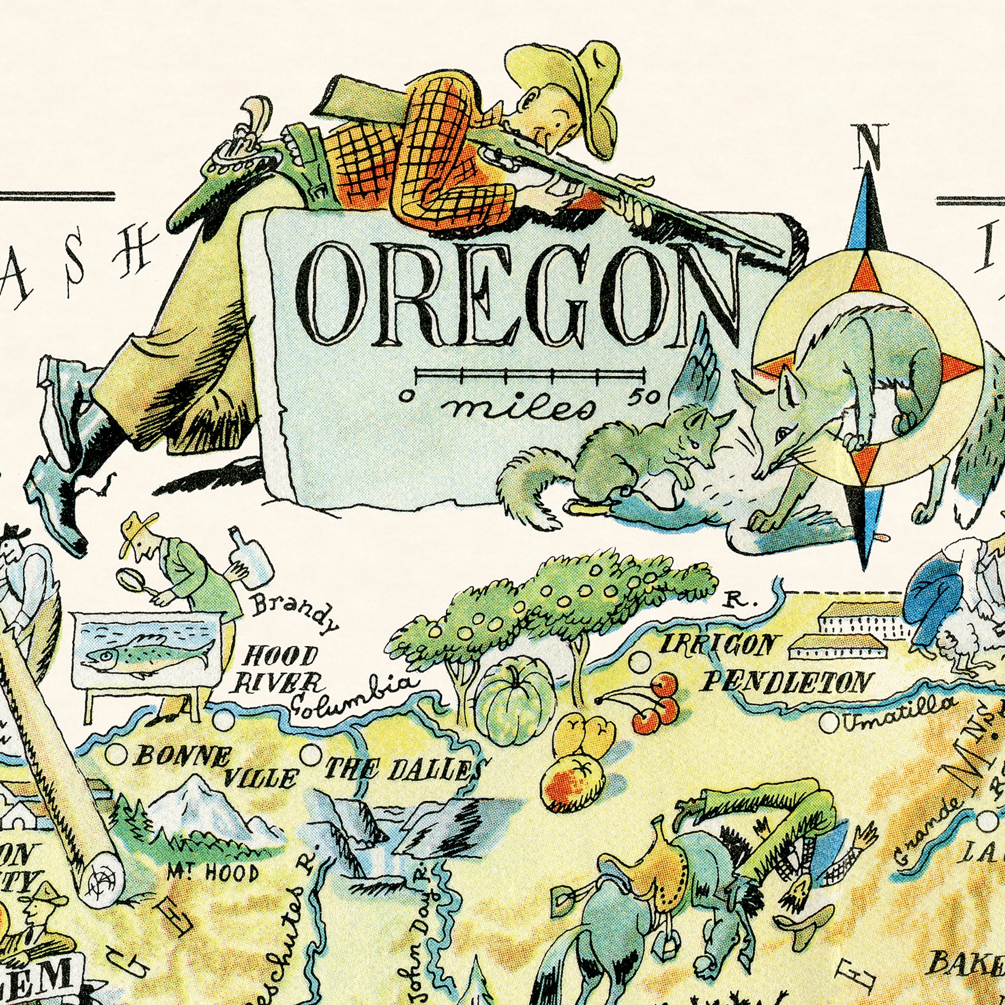 Fun State Map of Oregon – Digital Download PRINTABLE Vintage Pictorial ...