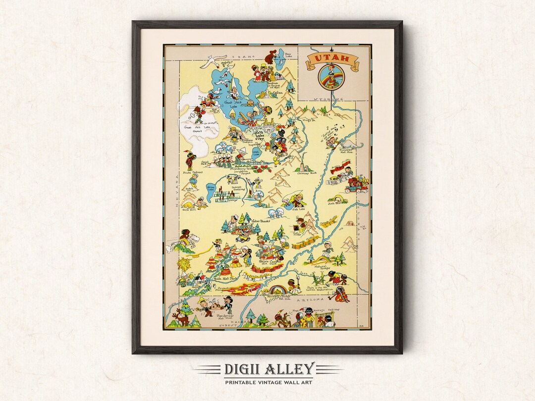 Fun State Map of Utah – Digital Download PRINTABLE Vintage Pictorial ...