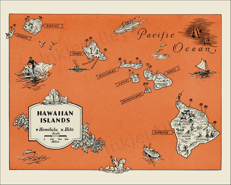 Map of Hawaiian Islands – Digital Download PRINTABLE Fun Vintage ...
