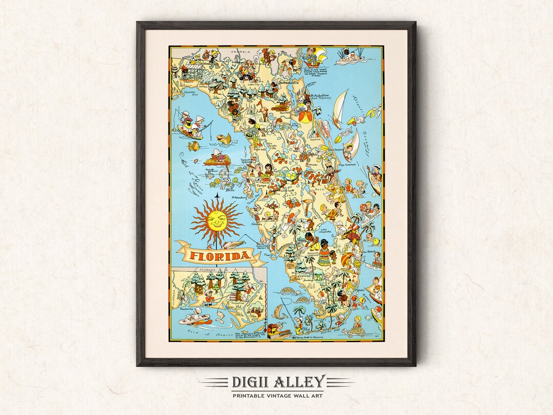 Fun State Map of Florida Digital Download PRINTABLE Vintage - Etsy