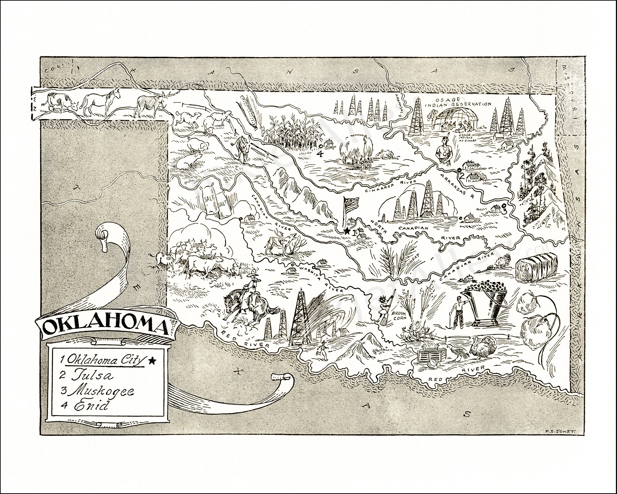 Pictorial State Map of Oklahoma – Digital Download PRINTABLE Vintage ...