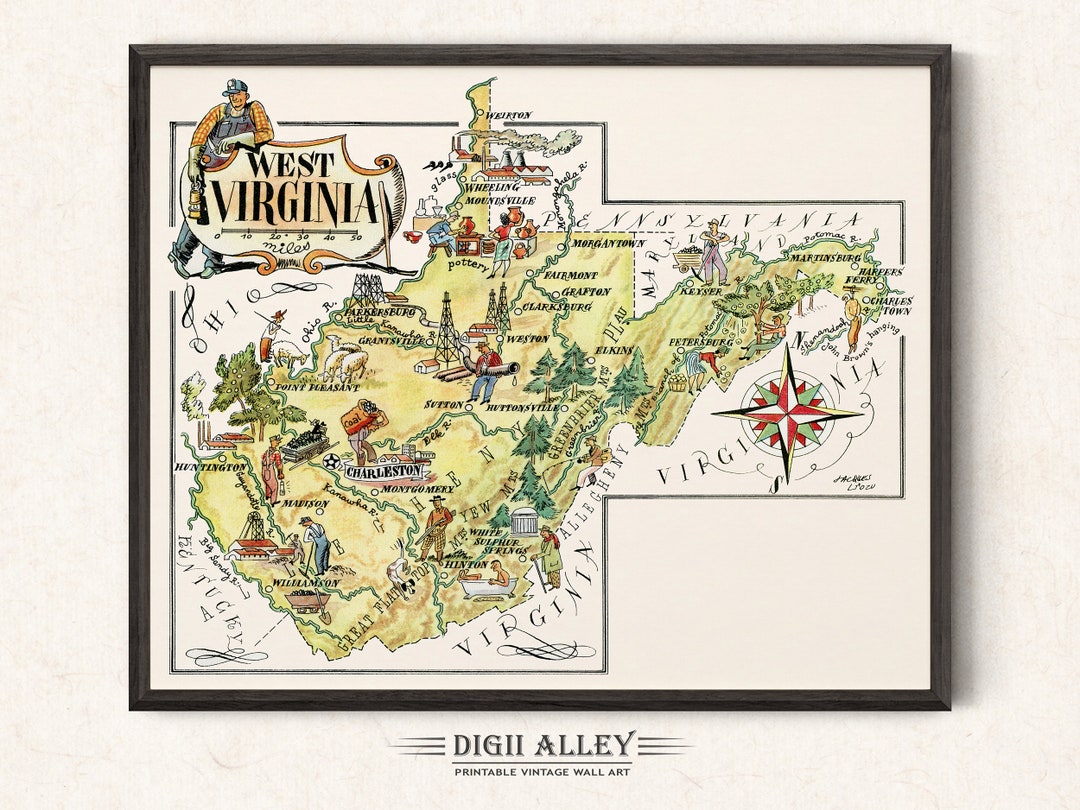 Fun State Map of West Virginia – Digital Download PRINTABLE Vintage ...