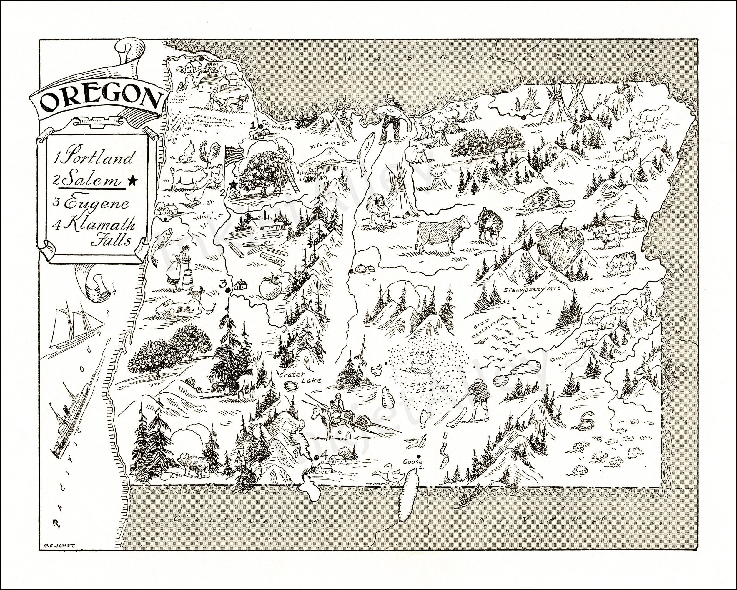 Pictorial State Map of Oregon – Digital Download PRINTABLE Vintage Fun ...