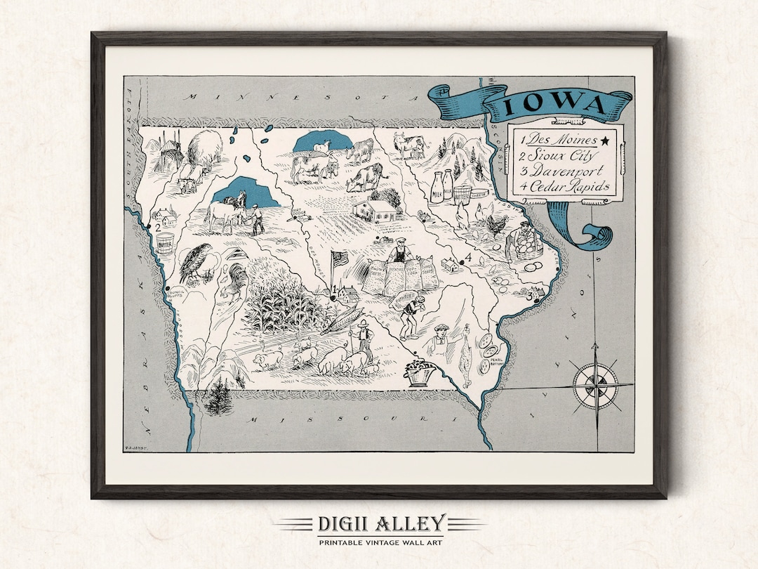 Pictorial Map of Iowa – Digital Download PRINTABLE Vintage Fun Old Wall ...