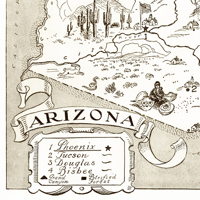 Pictorial State Map of Arizona Digital Download PRINTABLE Vintage Fun ...