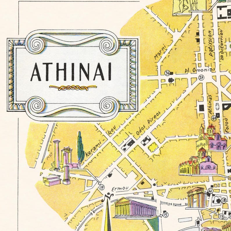 Fun Map of Athens in Greece – Digital Download PRINTABLE Vintage Fun ...