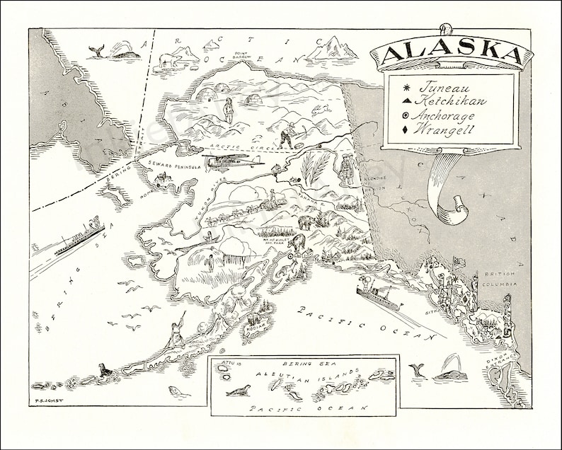 Pictorial State Map of Alaska – Digital Download PRINTABLE Vintage Fun ...