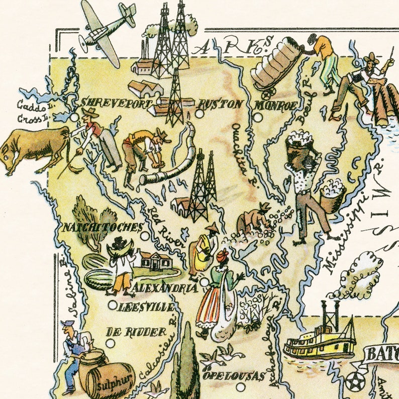 Fun State Map of Louisiana – Digital Download PRINTABLE Vintage ...