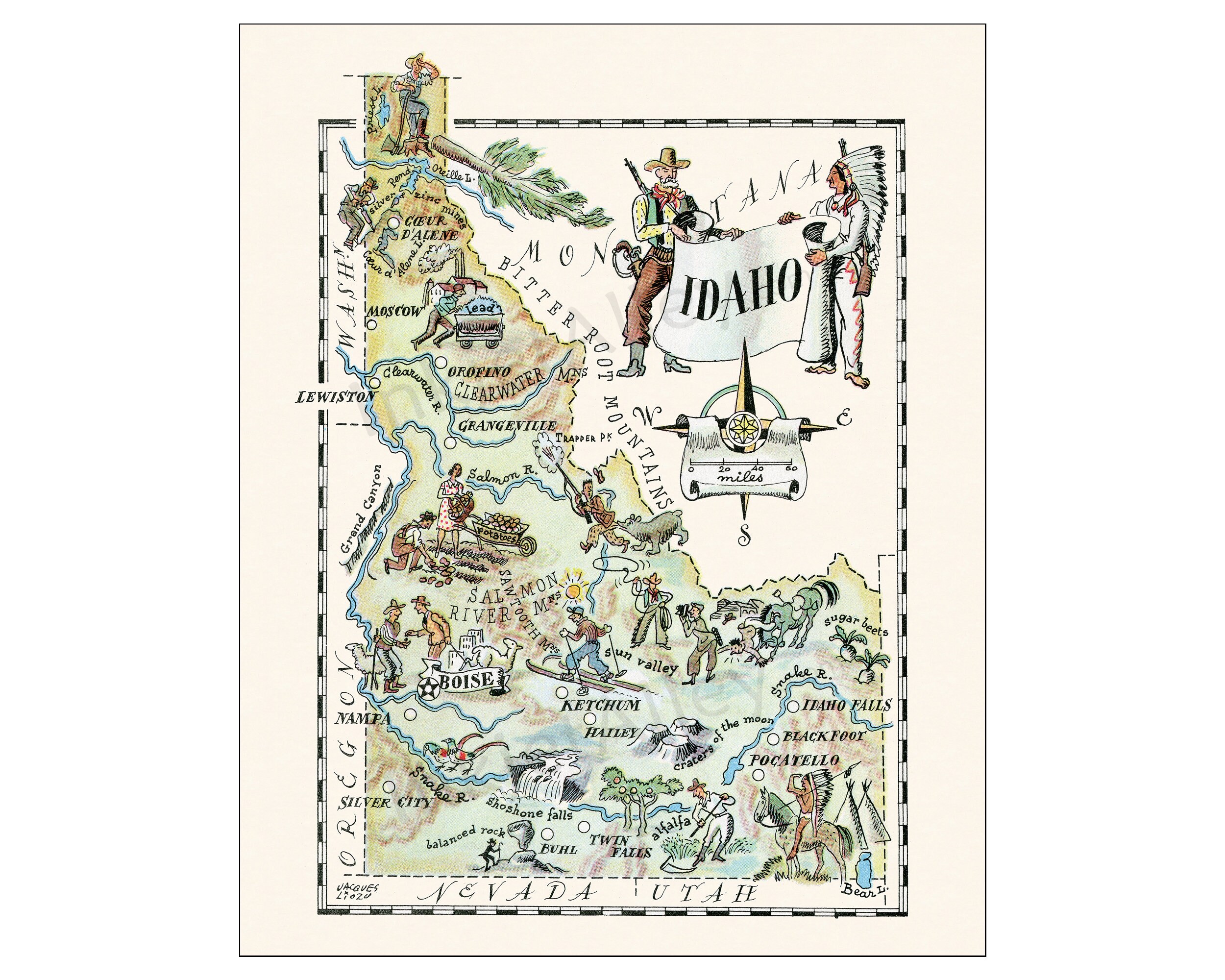 Fun State Map of Idaho – Digital Download PRINTABLE Vintage Pictorial ...