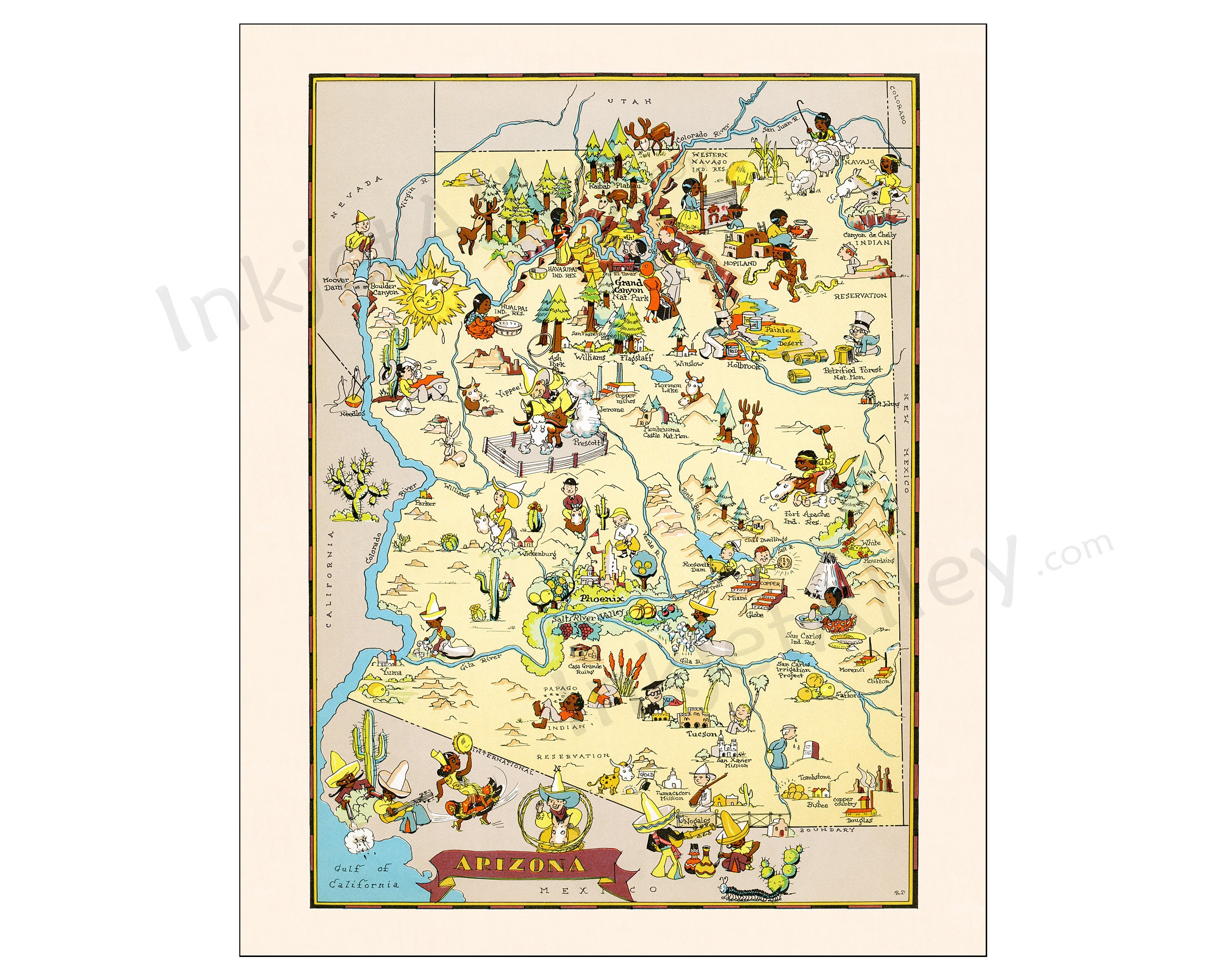 Fun State Map of Arizona Digital Download PRINTABLE Vintage Pictorial ...
