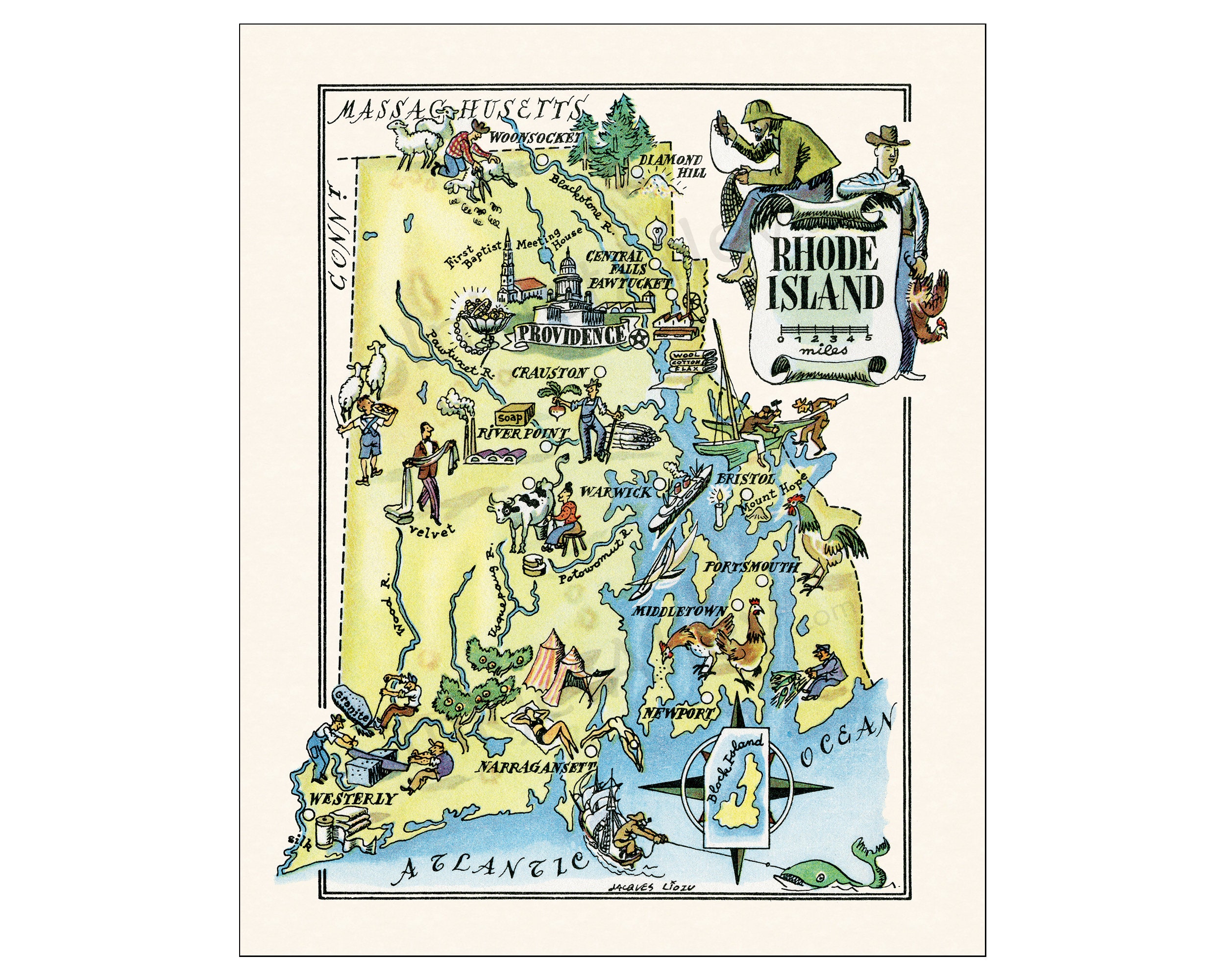 Fun State Map of Rhode Island – Digital Download PRINTABLE Vintage ...
