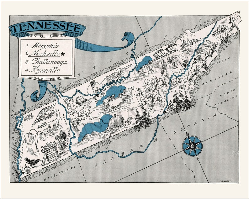 Pictorial Map of Tennessee – Digital Download PRINTABLE Vintage Fun Old ...