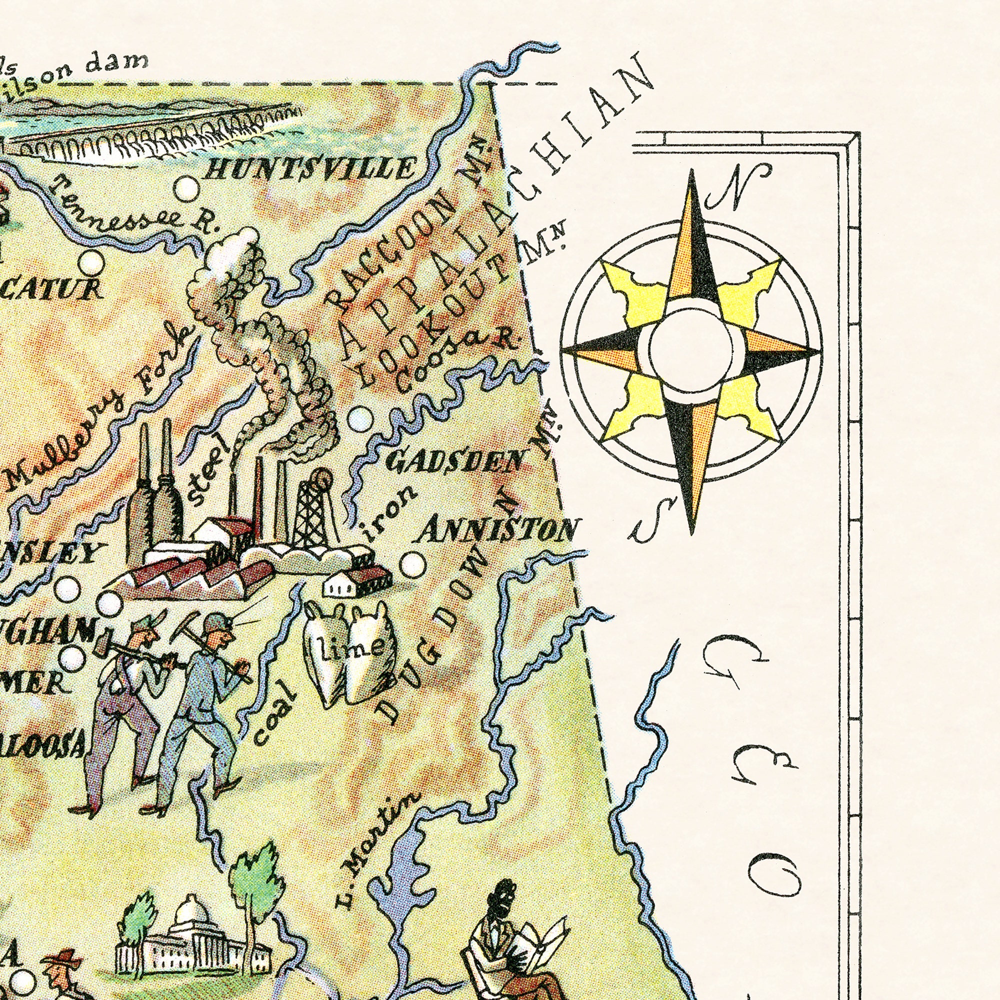 Fun State Map of Alabama – Digital Download PRINTABLE Vintage Pictorial ...
