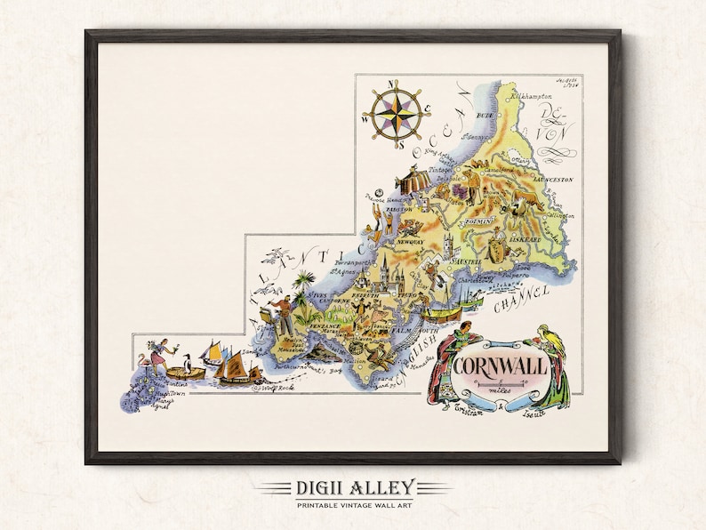 Fun Map of Cornwall in Great Britain, England, UK – Digital Download ...