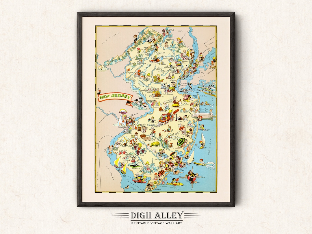 Fun State Map of New Jersey – Digital Download PRINTABLE Vintage ...
