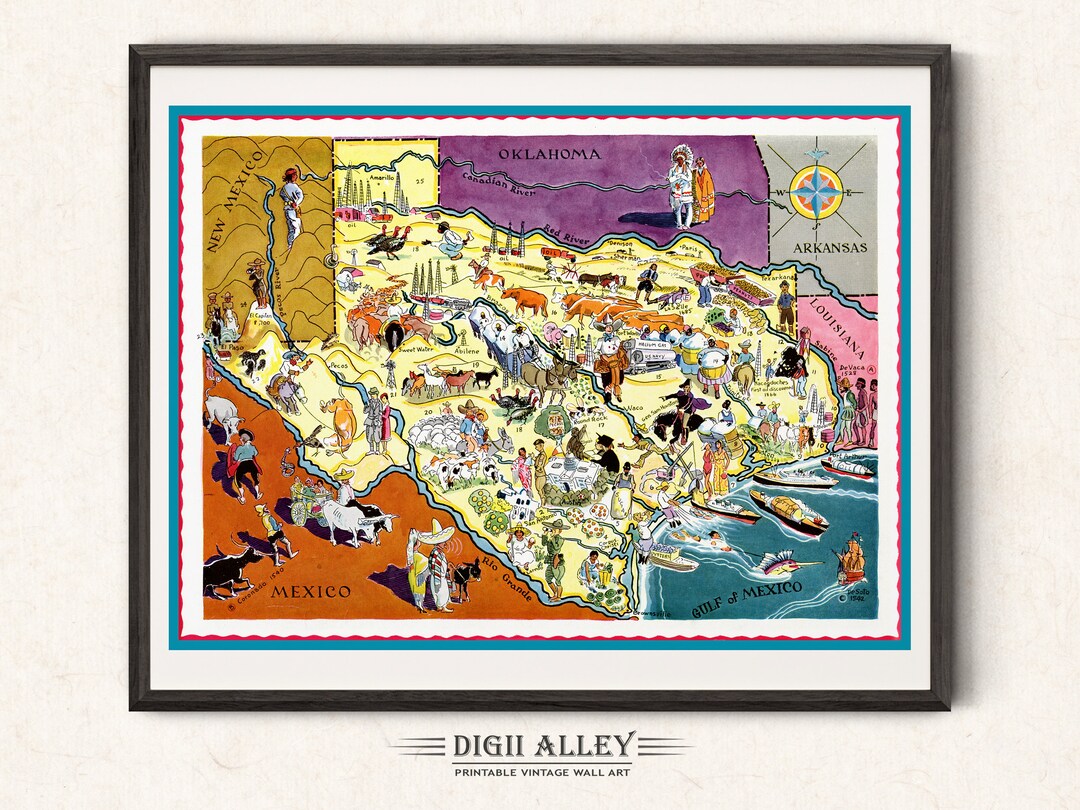 Fun State Map of Texas – Digital Download PRINTABLE Vintage Pictorial ...