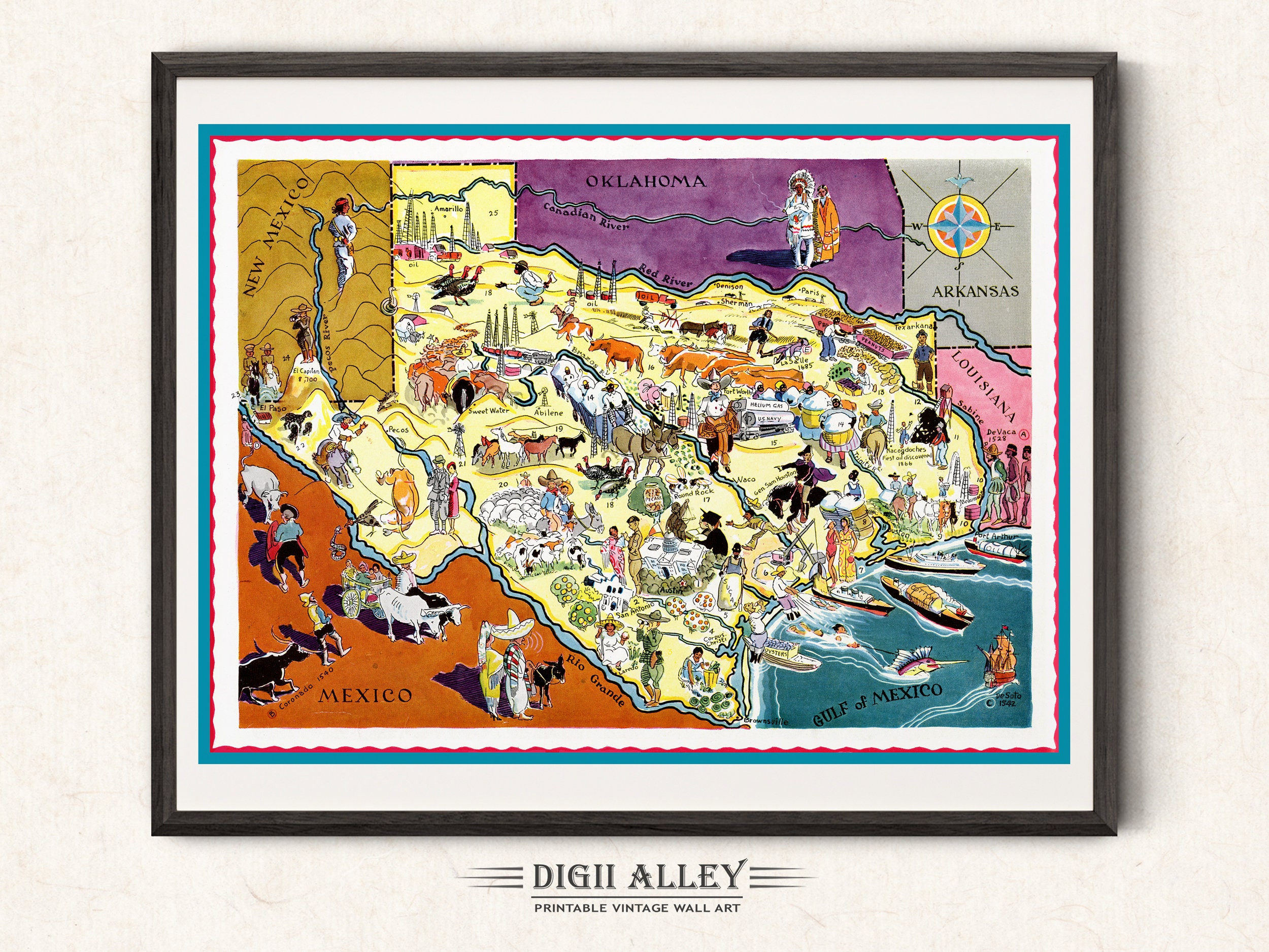 Fun State Map of Texas – Digital Download PRINTABLE Vintage Pictorial ...