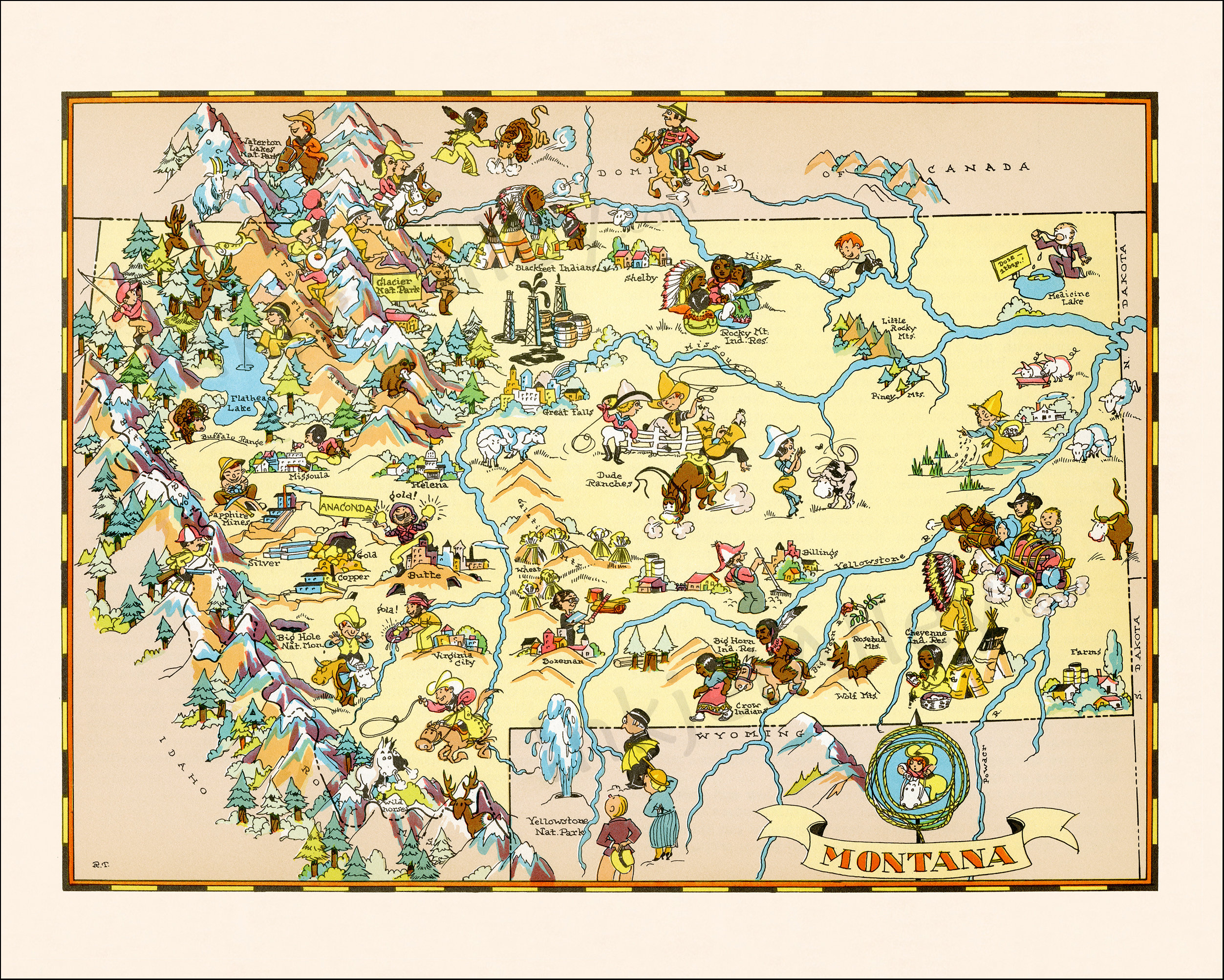 Fun State Map of Montana – Digital Download PRINTABLE Vintage Pictorial ...