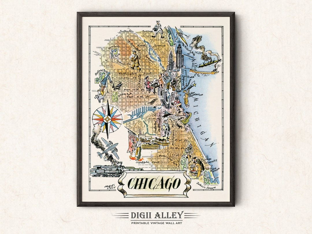 Fun Map of Chicago Illinois – Digital Download PRINTABLE Vintage Wall ...