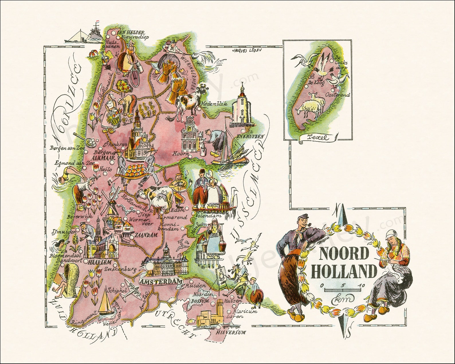 Fun Map of (noord) North Holland – Digital Download PRINTABLE Vintage ...