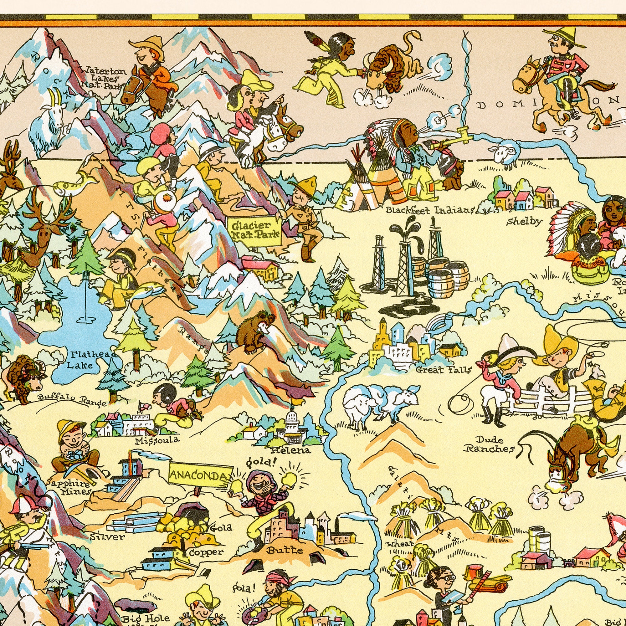 Fun State Map of Montana Digital Download PRINTABLE Vintage Pictorial ...