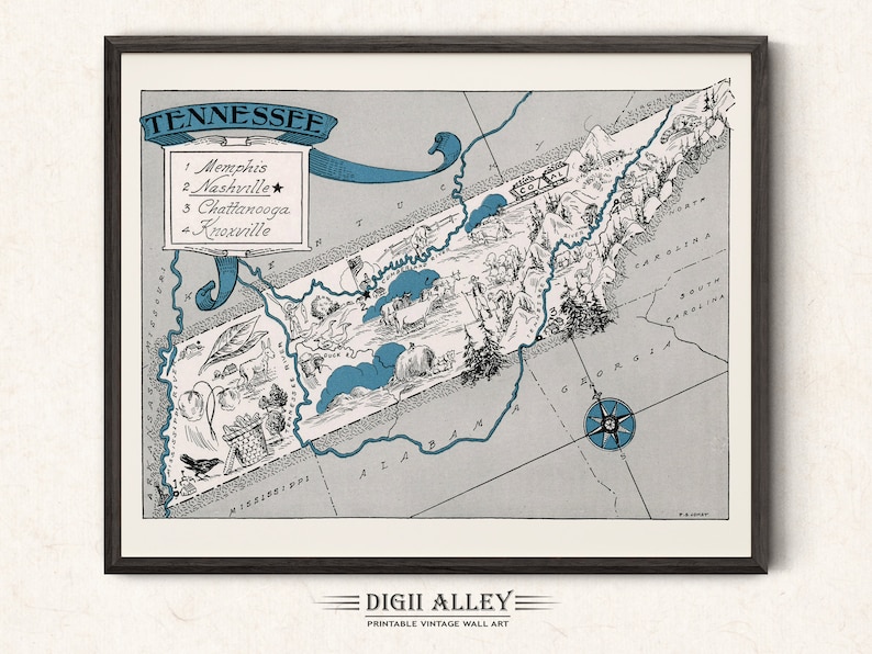 Pictorial Map of Tennessee – Digital Download PRINTABLE Vintage Fun Old ...