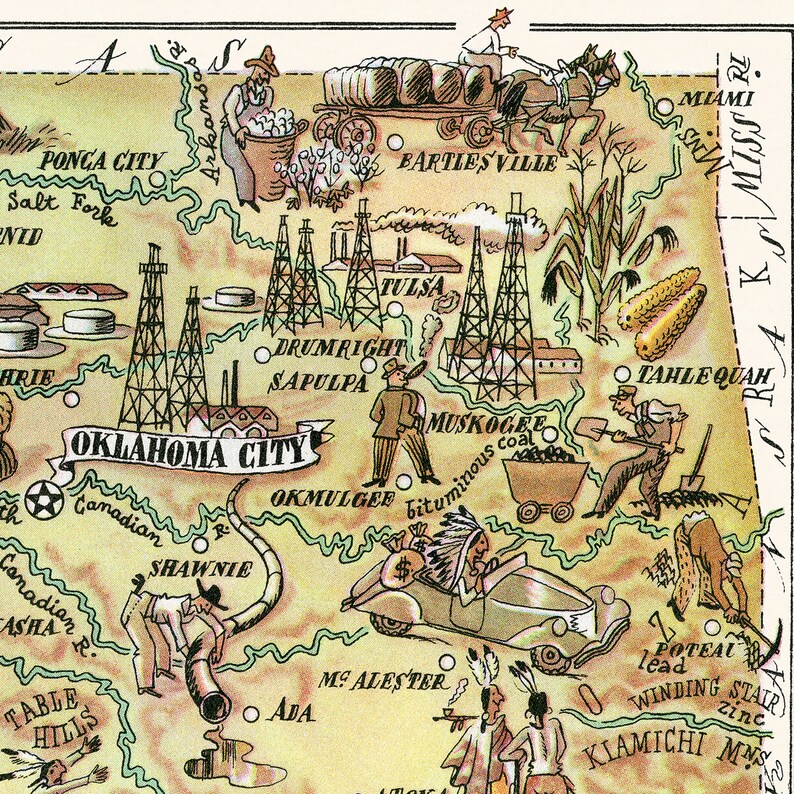 Fun State Map of Oklahoma Digital Download PRINTABLE Vintage Pictorial ...