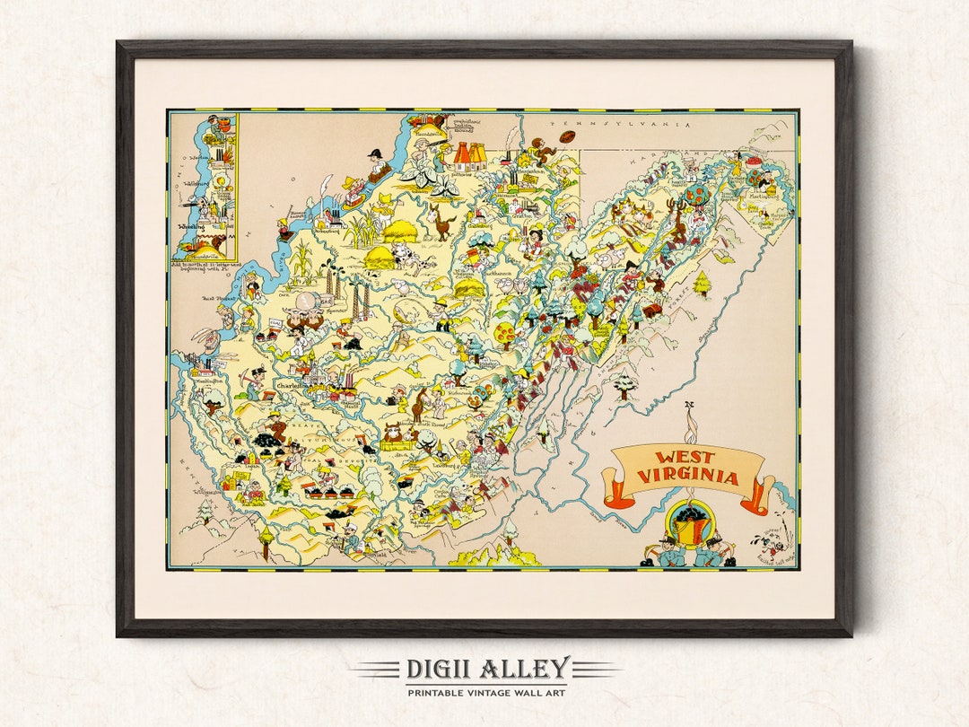 Fun State Map of West Virginia – Digital Download PRINTABLE Vintage ...