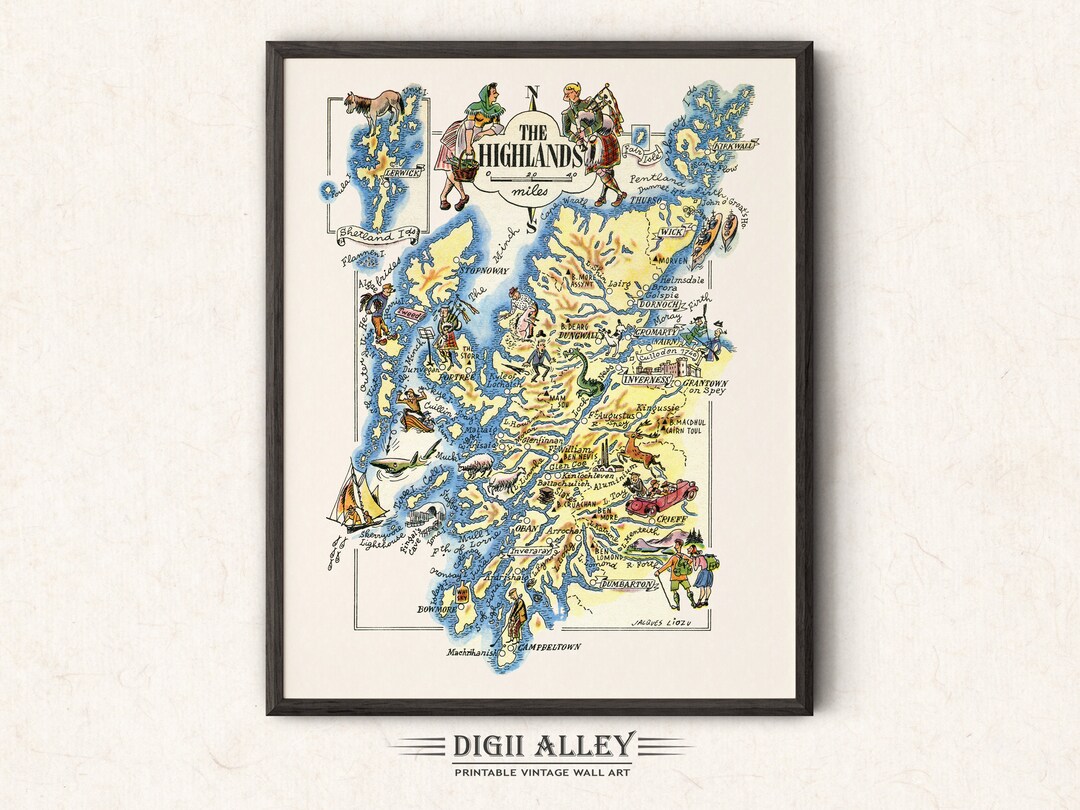 Fun Map of the Highlands in Great Britain, England, UK – Digital ...