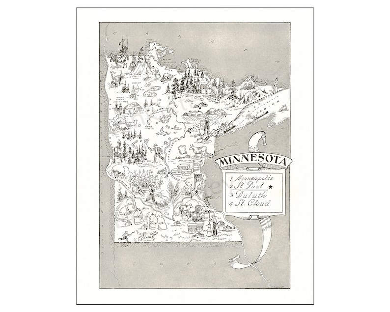 Pictorial State Map of Minnesota – Digital Download PRINTABLE Vintage ...