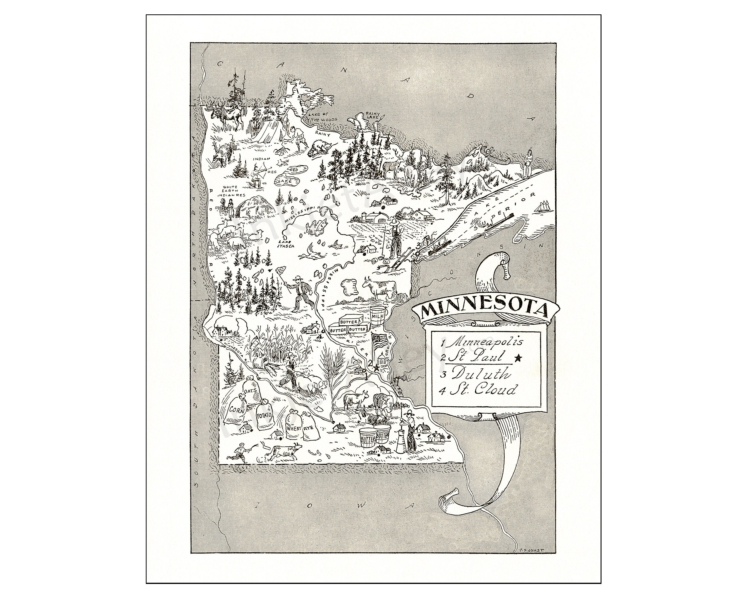 Pictorial State Map of Minnesota – Digital Download PRINTABLE Vintage ...