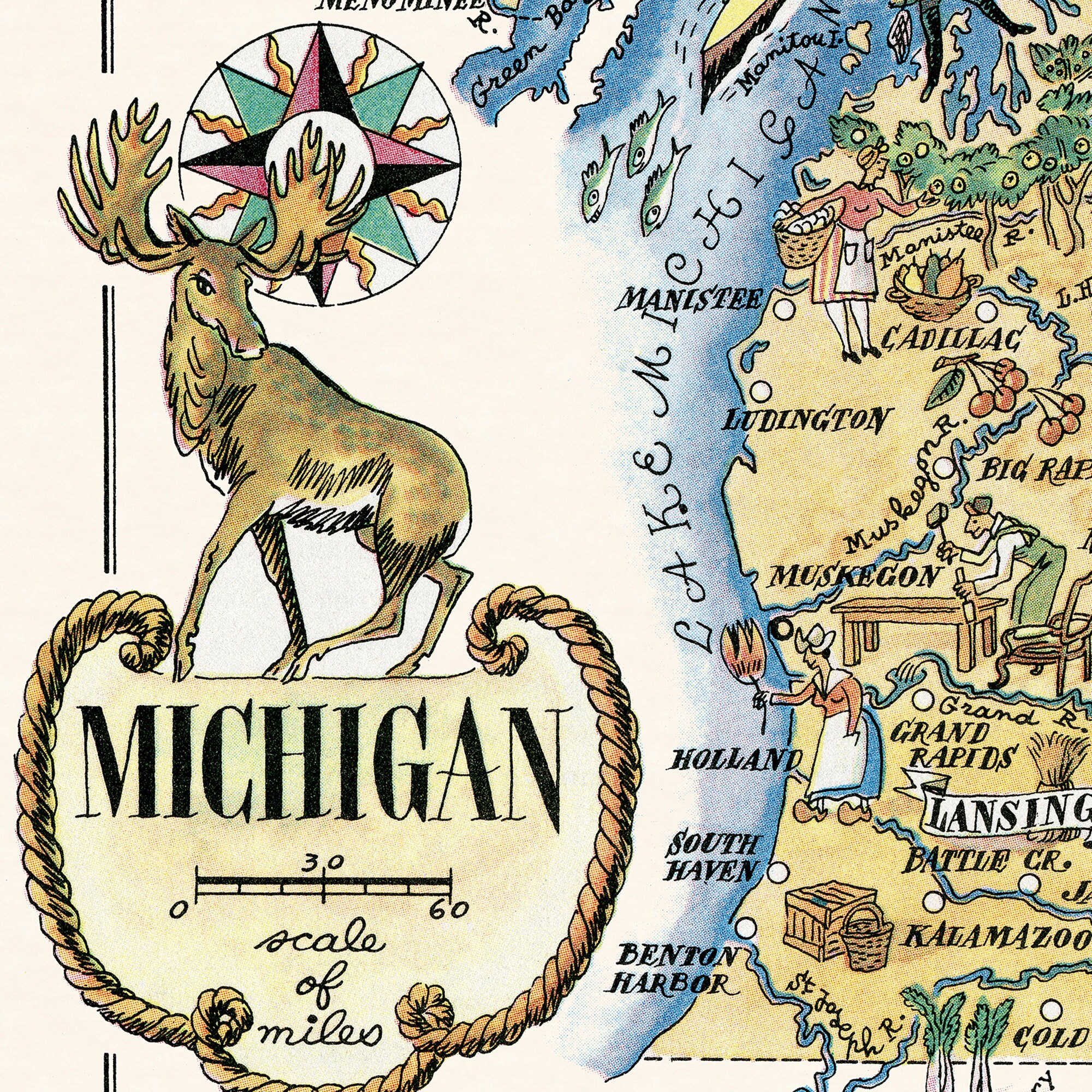Fun State Map of Michigan – Digital Download PRINTABLE Vintage ...