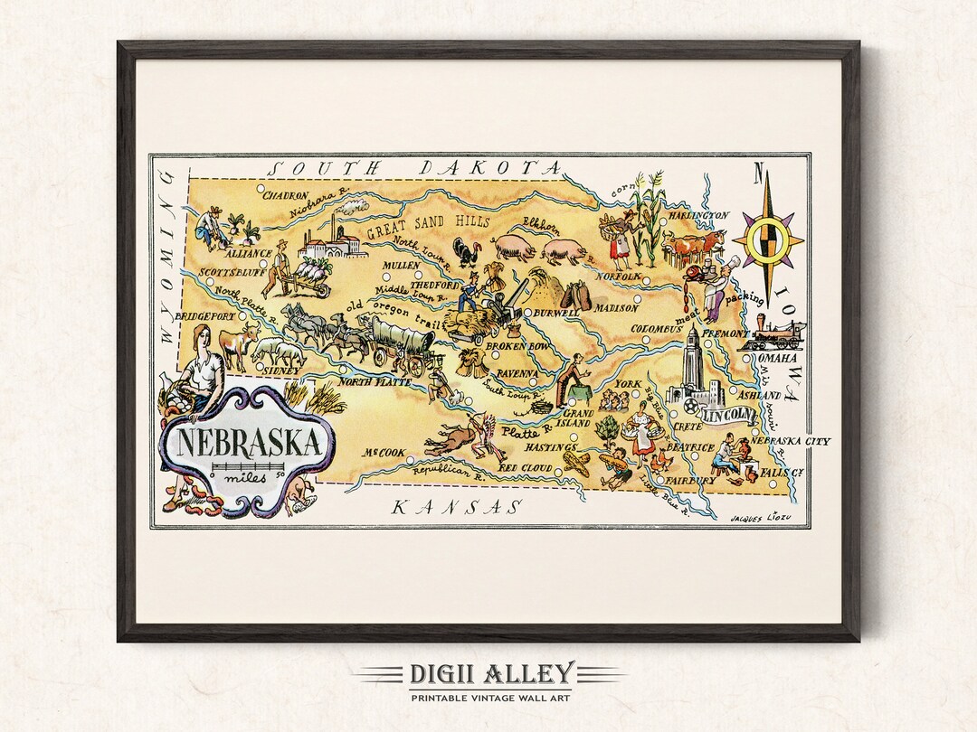 Fun State Map of Nebraska – Digital Download PRINTABLE Vintage ...