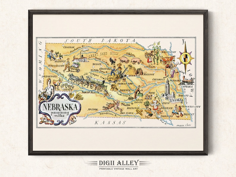 Fun State Map of Nebraska – Digital Download PRINTABLE Vintage ...