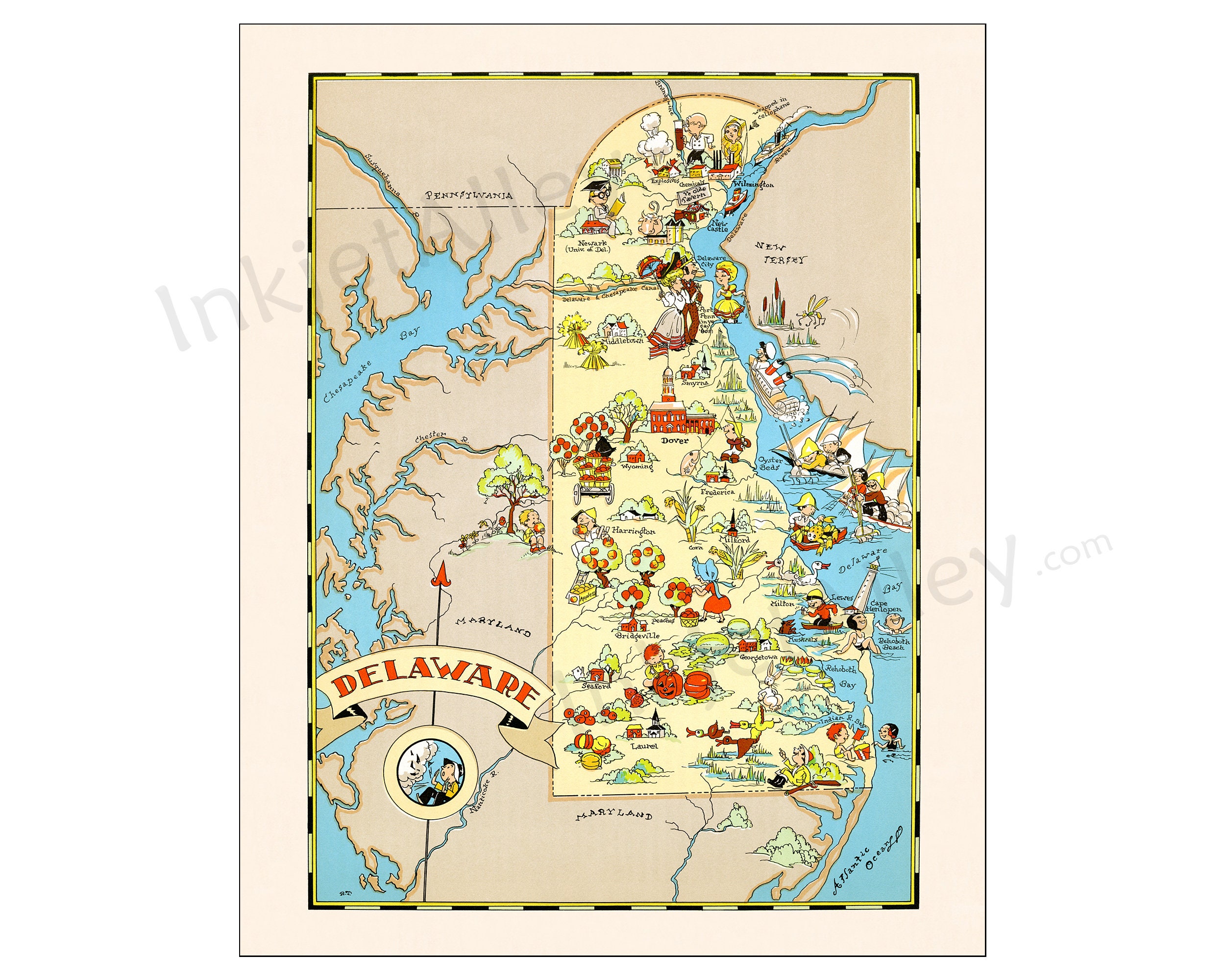 Fun State Map of Delaware – Digital Download PRINTABLE Vintage ...