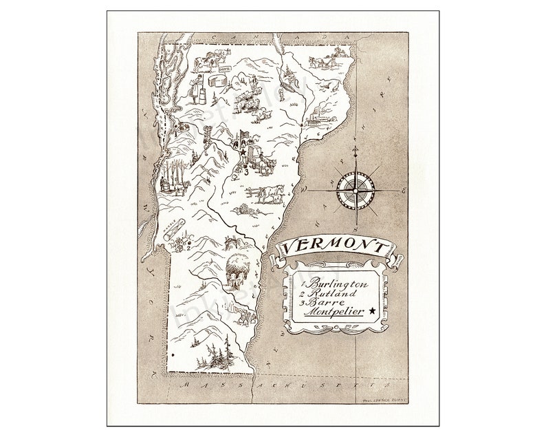 Pictorial State Map of Vermont – Digital Download PRINTABLE Vintage Fun ...