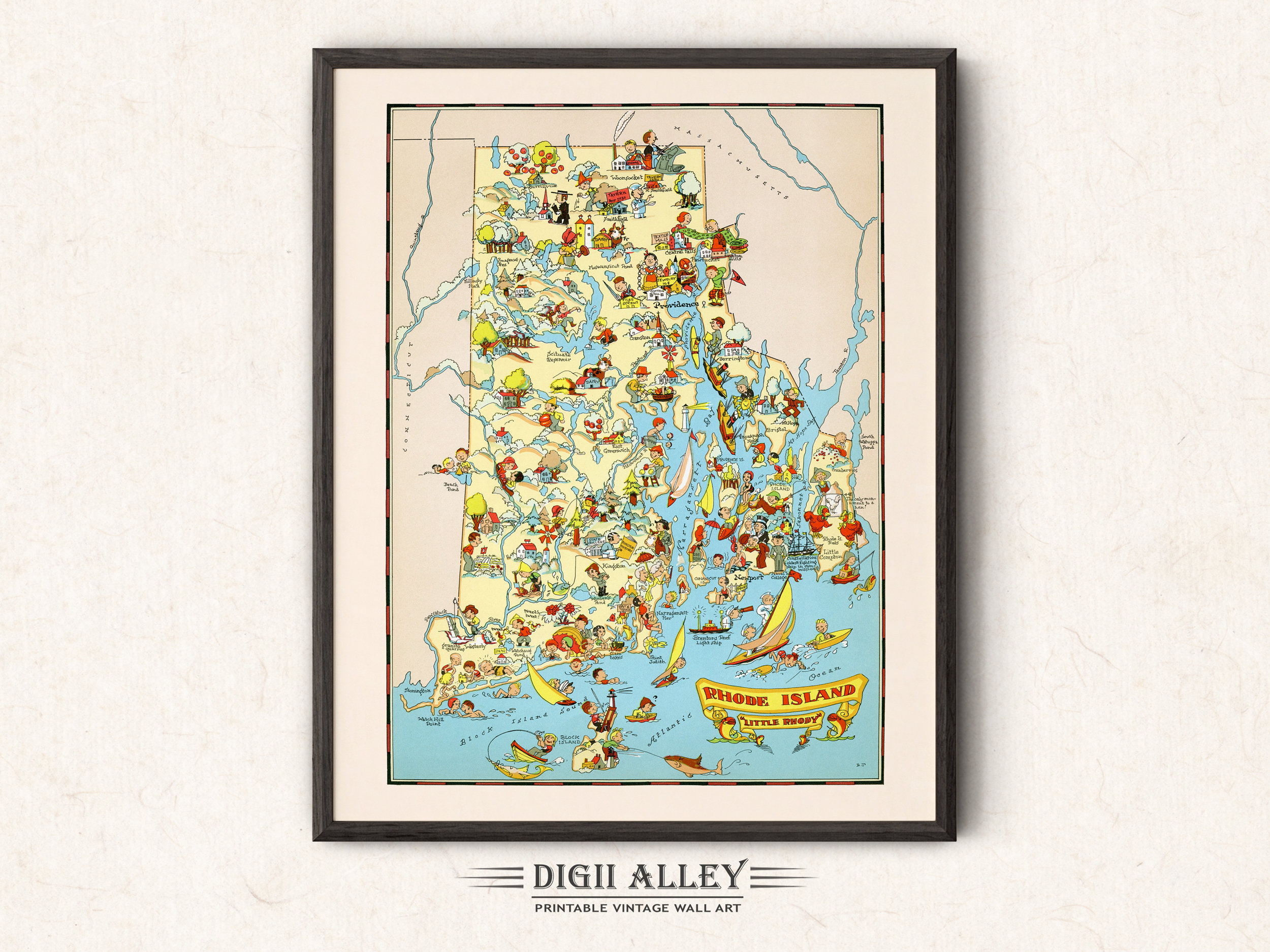 Fun State Map of Rhode Island – Digital Download PRINTABLE Vintage ...