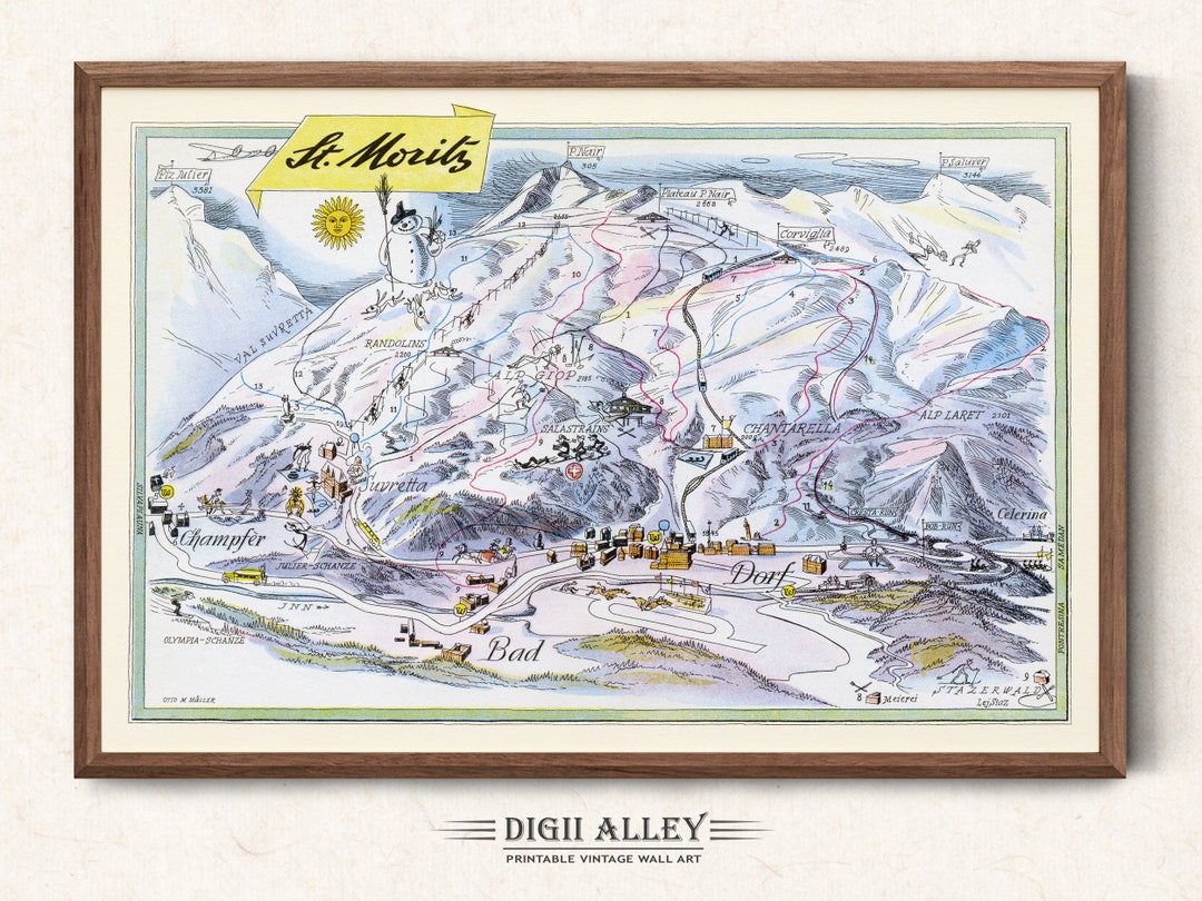 Fun Ski Trail Map of St Moritz in Switzerland – Digital Download ...