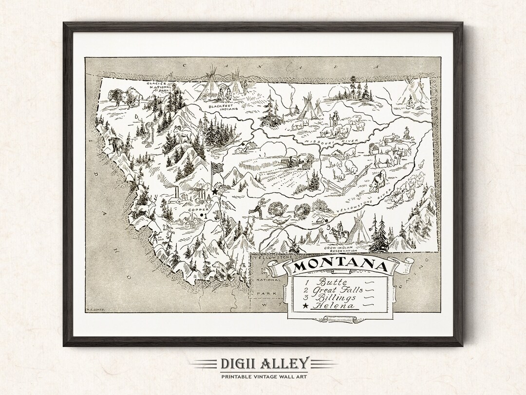 Pictorial State Map of Montana – Digital Download PRINTABLE Vintage Fun ...