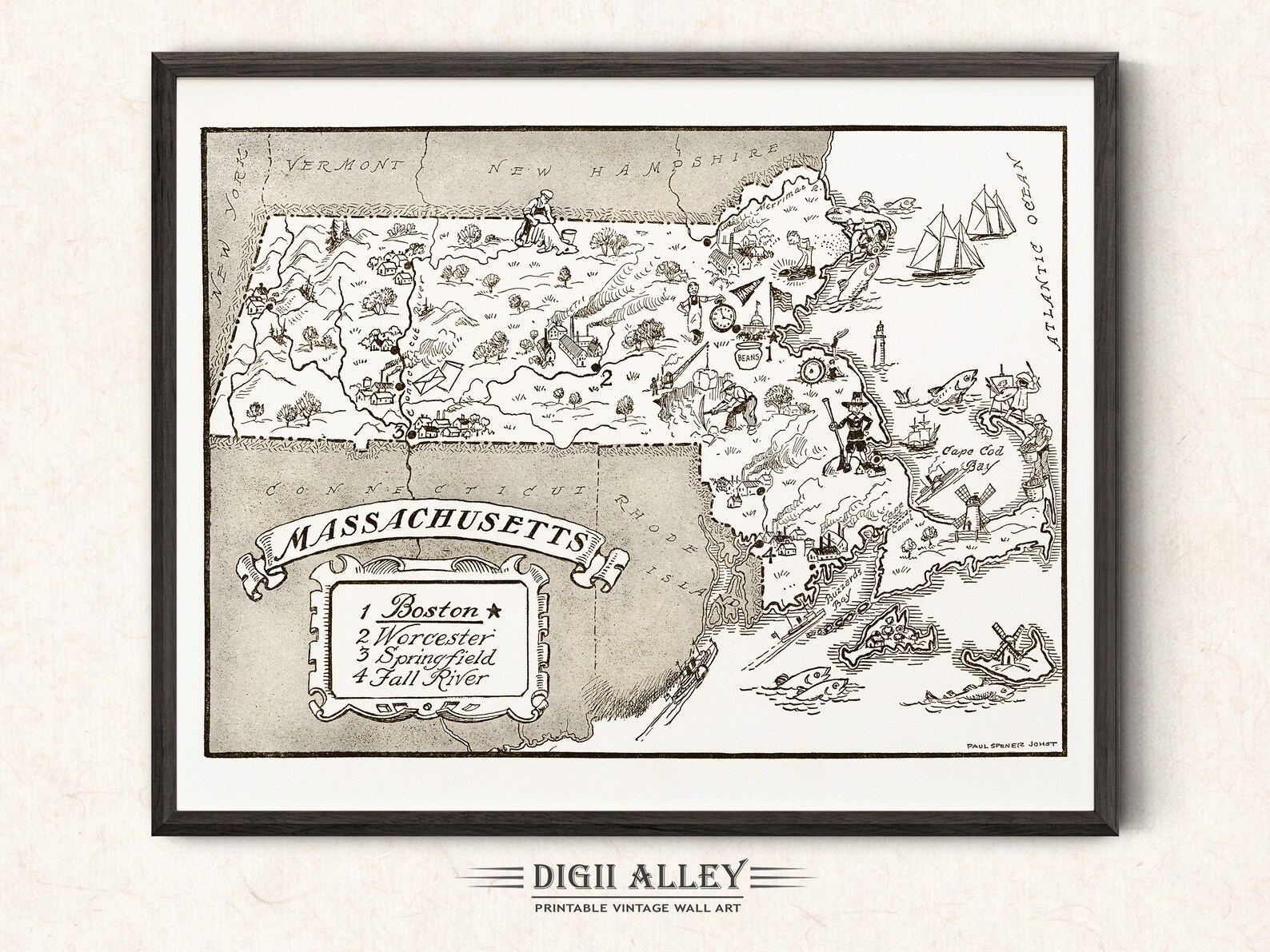 Pictorial State Map of Massachusetts – Digital Download PRINTABLE ...